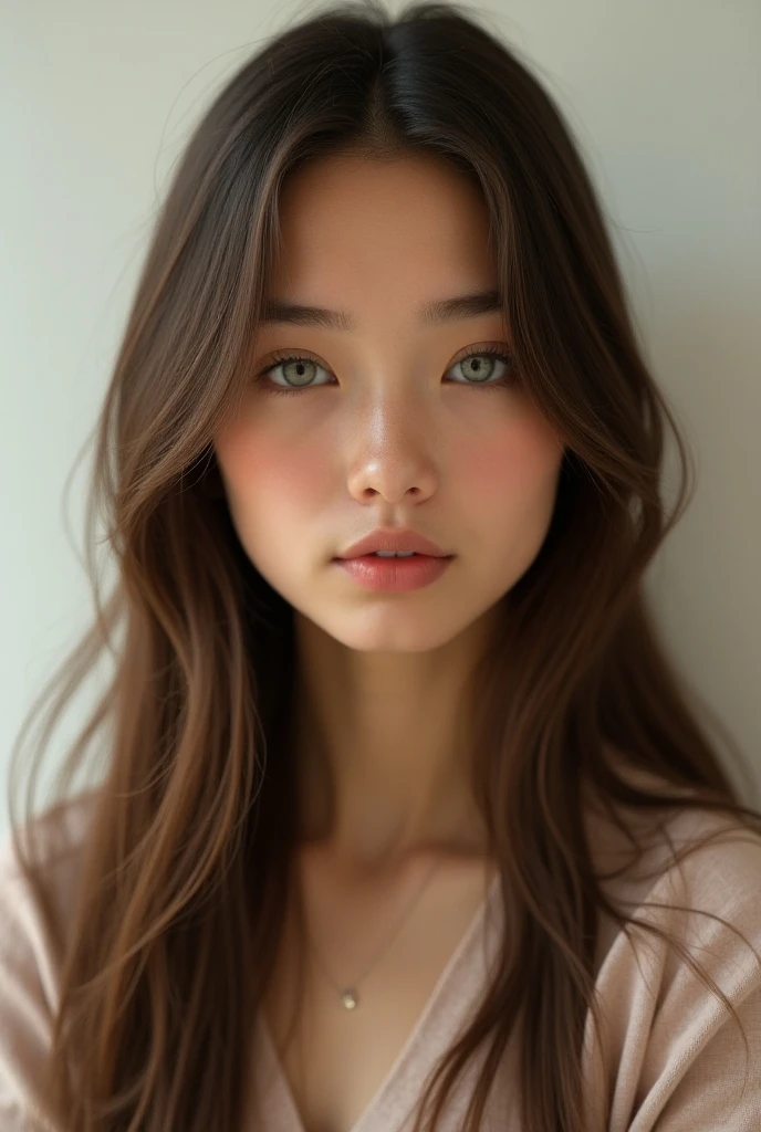 Create a brunette teenager with straight, long hair and light eyes from Instagra - SeaArt AI