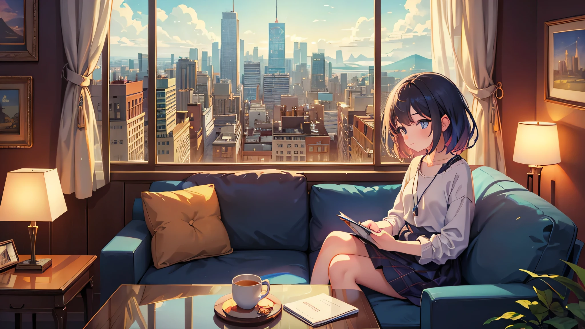 A woman sitting on a couch in front of a window with a city view ...