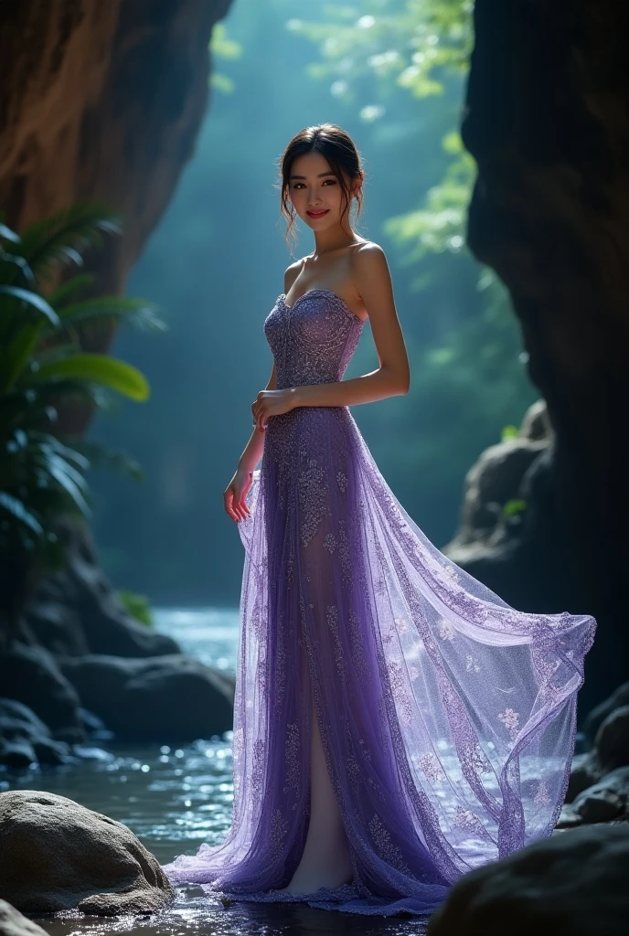Full-body photo of a sweetly smiling Thai woman wearing a sparkling ...