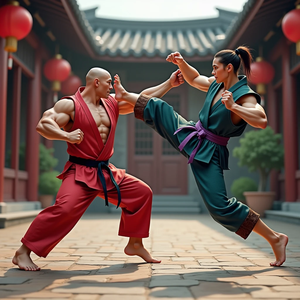"Create an action-packed martial arts scene set in an open-air ...