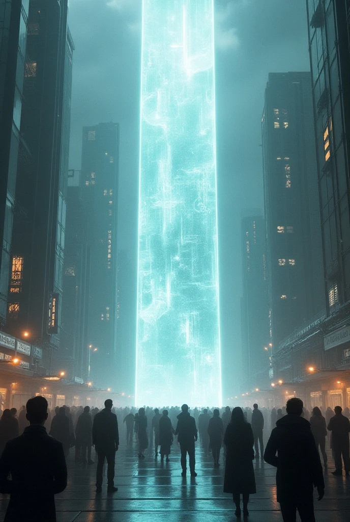 In a futuristic city filled with high-tech, a transparent light gate ...