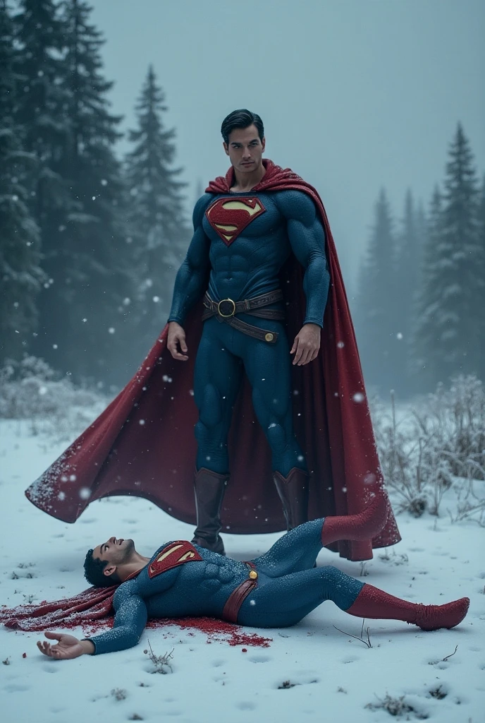 "In a bleak, snow-covered landscape, the lifeless body of a character ...