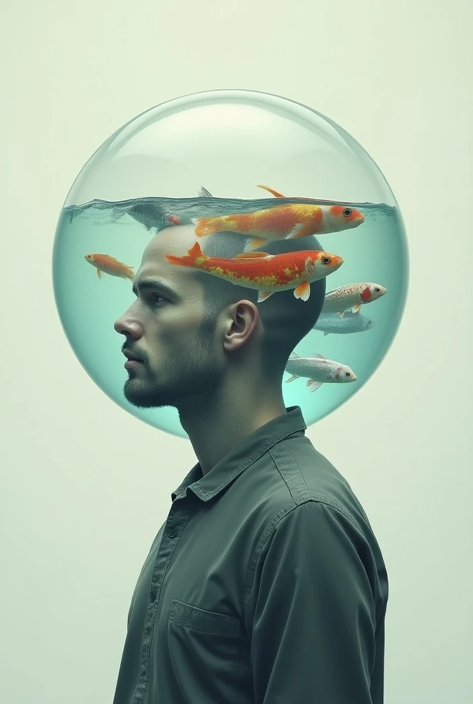 Man wearing a glass helmet containing water and koan koi fish - SeaArt AI