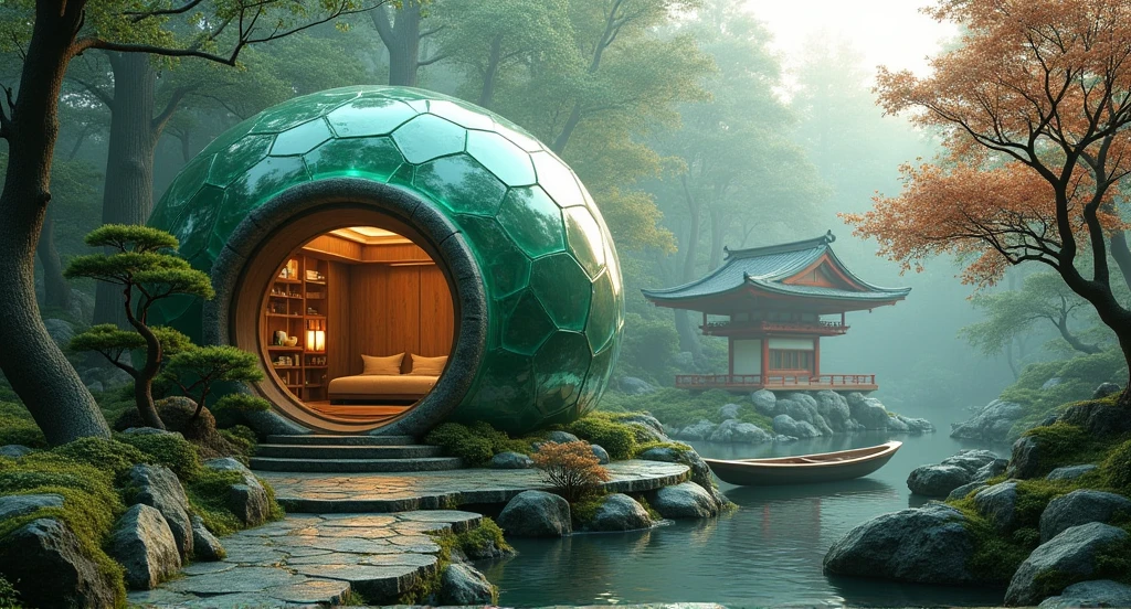 Create a cozy, beautiful futuristic house built like a giant sphere ...