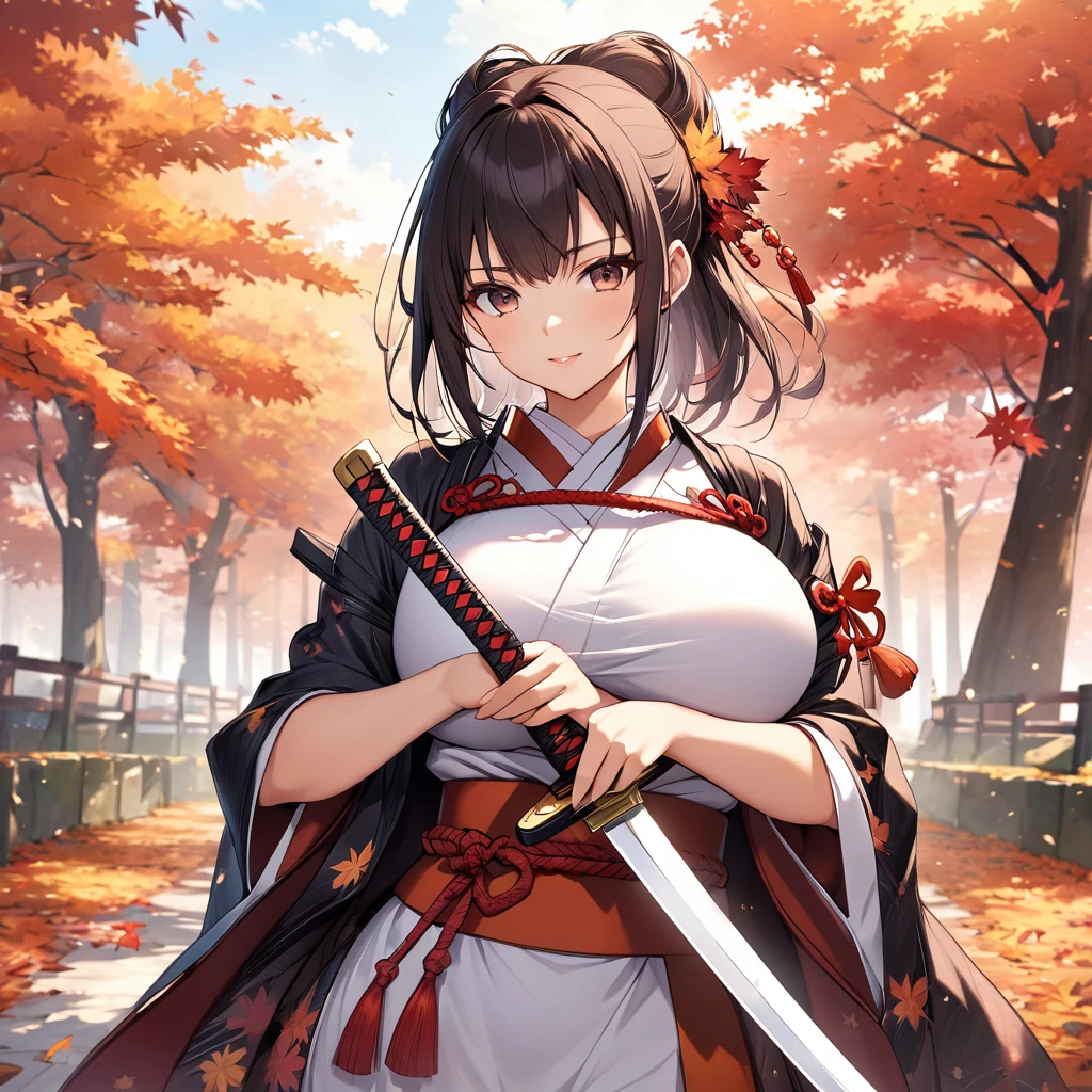 It's autumn season on japanese kyo-to,a pretty samurai girl is holding ...