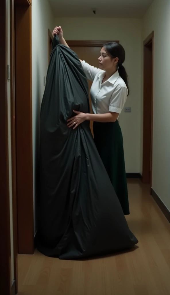 In the bedroom A teacher Female pulled a long black sack containing a ...
