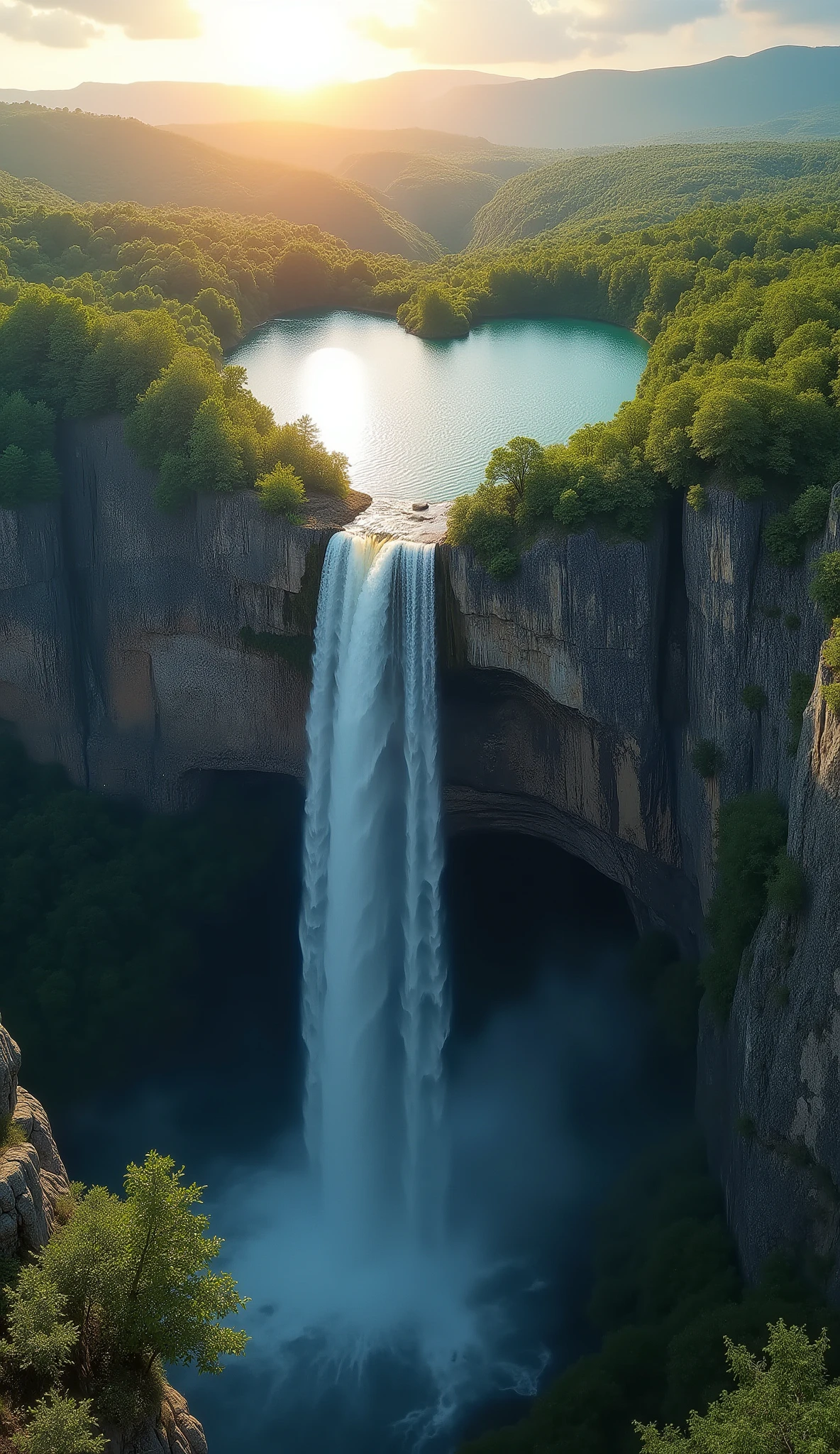 A realistic photograph of a heart-shaped lake perched dramatically on ...