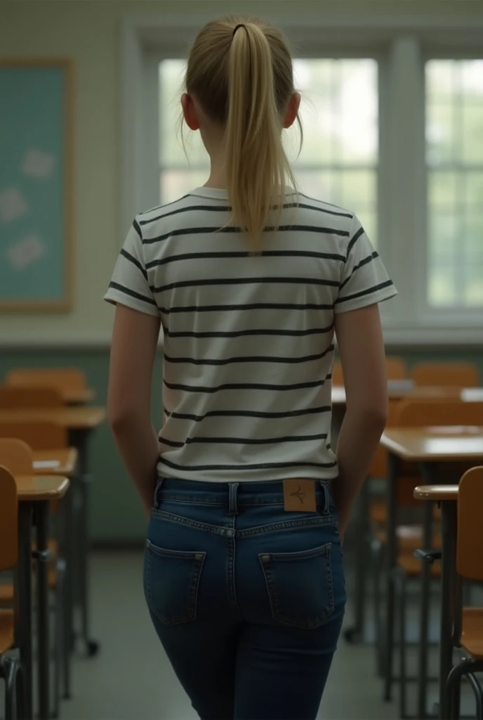 The first-person view of a blonde teenage girl with tied hair rising ...