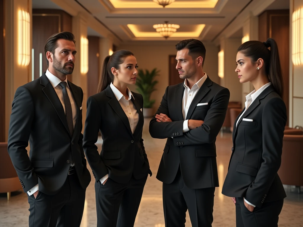 Realistic image of 4 k 5 hotel employees with eyes and contempt and ...