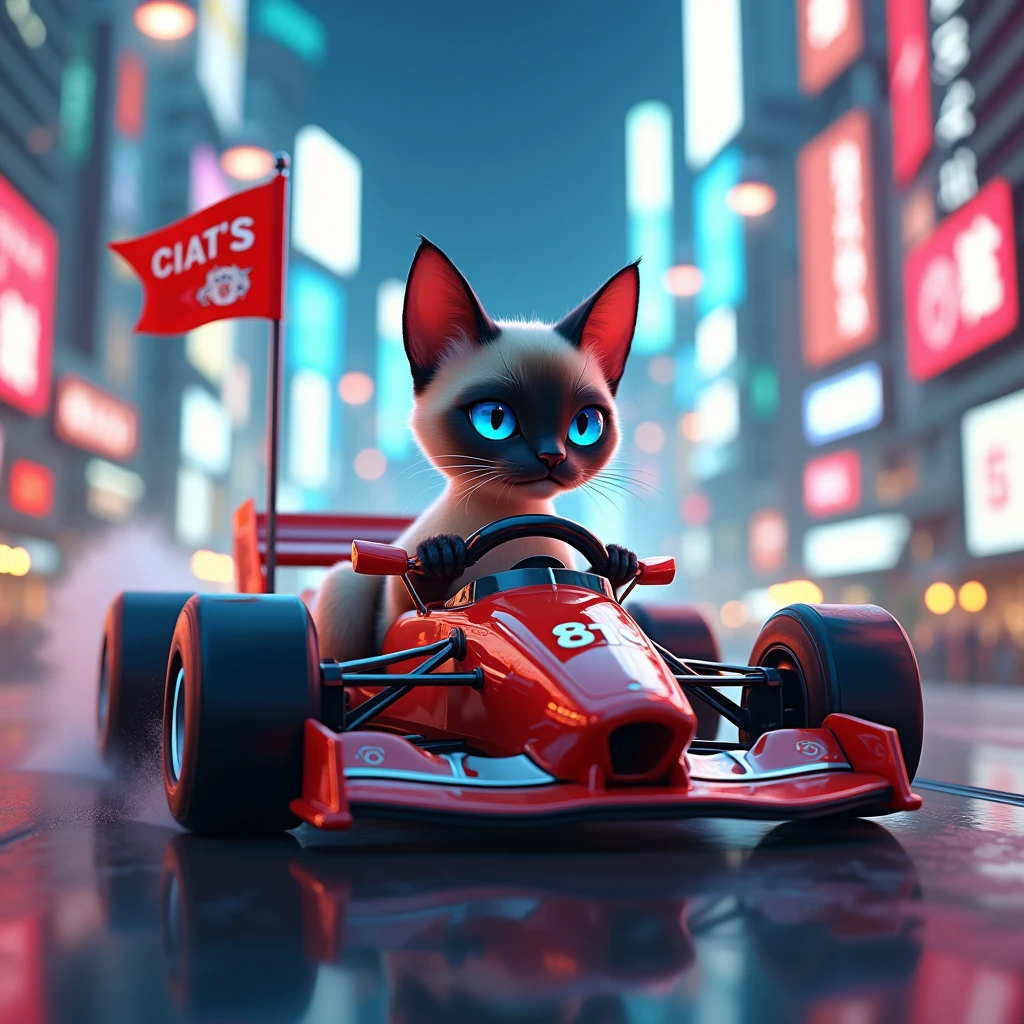 3DCG of a Siamese cat driving in a racing cart in Shibuya, the cart is ...