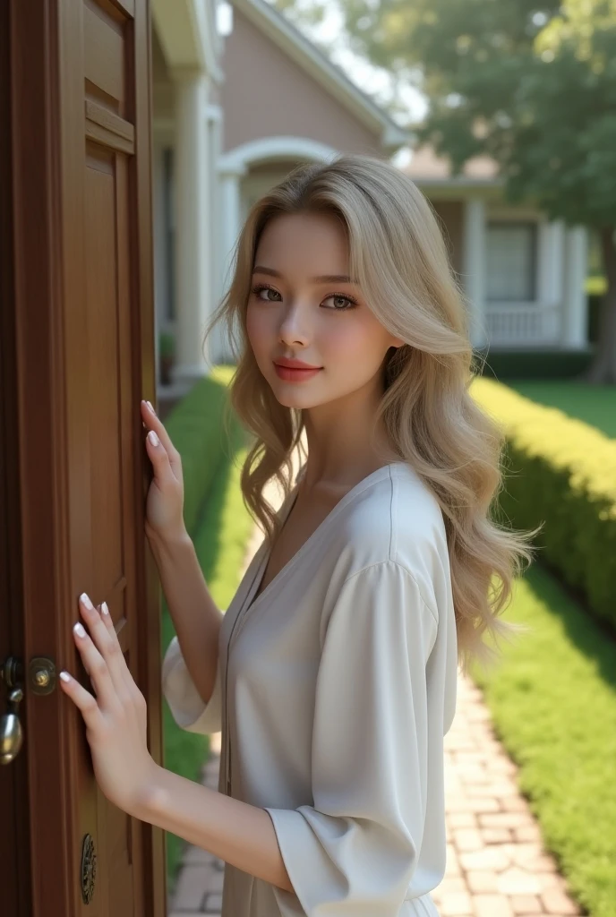 , clear eyes, wavy and blond hair, white clothes, knocking on the front ...