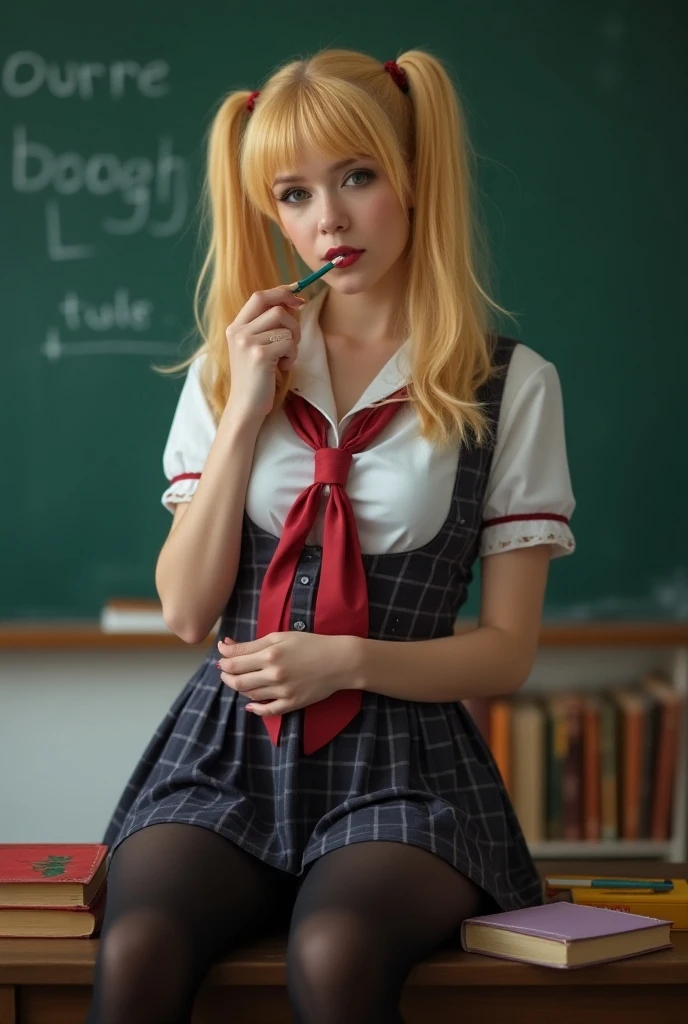 30-year-old girl dressed as a blonde schoolgirl with pigtails - SeaArt AI