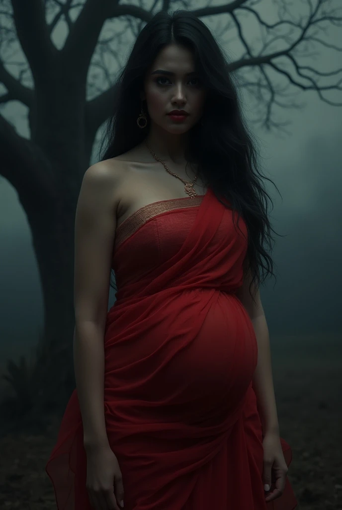 Beautiful Indian ghost in red saree with big tits change background with dark ni - SeaArt AI