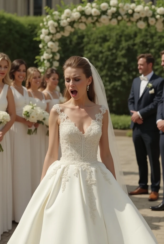 Wedding: in the foreground, the bride is screaming in horror - SeaArt AI