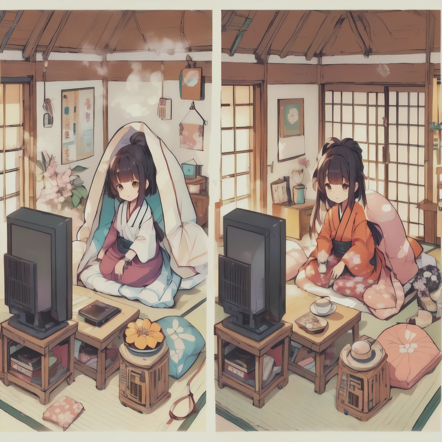 Depicted in two different scenes within the same cozy room. In the ...