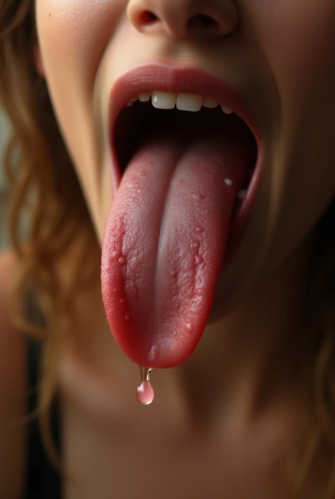 In close-up, the girl has her long tongue sticking out and drooling erotically f - SeaArt AI