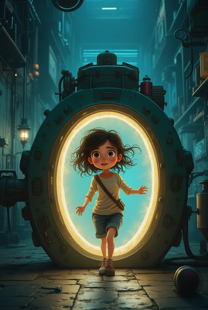 Girl getting out of a time machine realistic cartoon - SeaArt AI