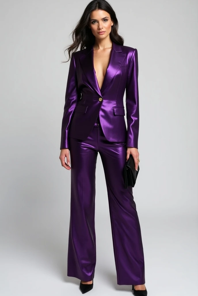 Metallic Purple Pantsuit with Black Accessories Outfit: A metallic ...