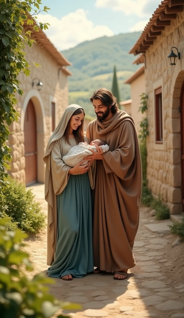 A peaceful scene in an ancient village called Nazaré, with simple stone ...