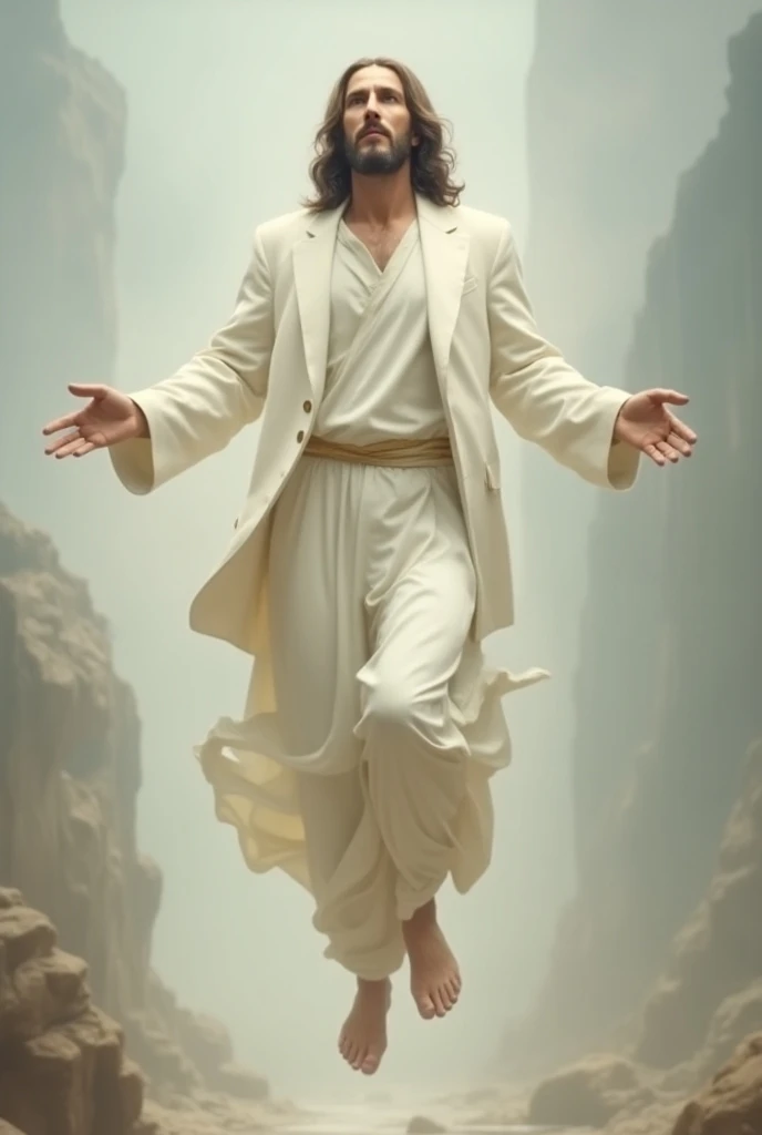 A Jesús flying through the air while wearing a white suit - SeaArt AI