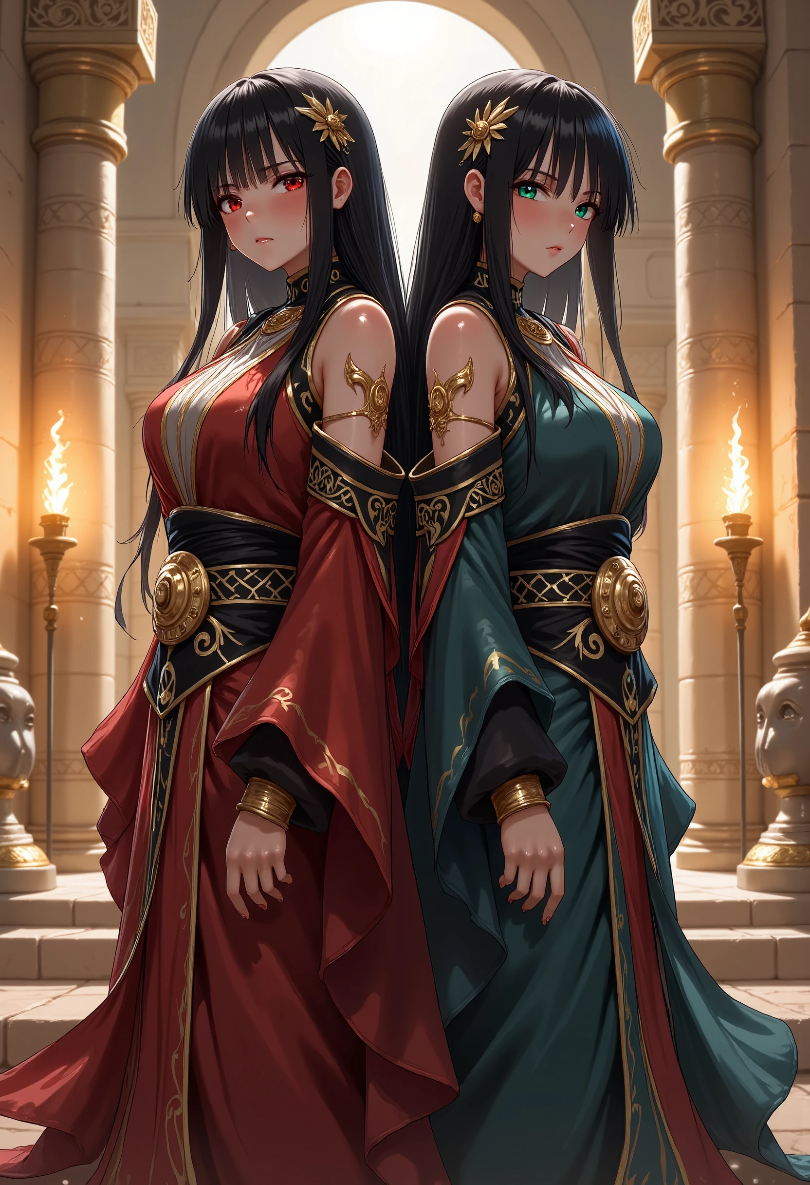 In a grand, opulent hall of the Assyrian palace, illuminated by ...