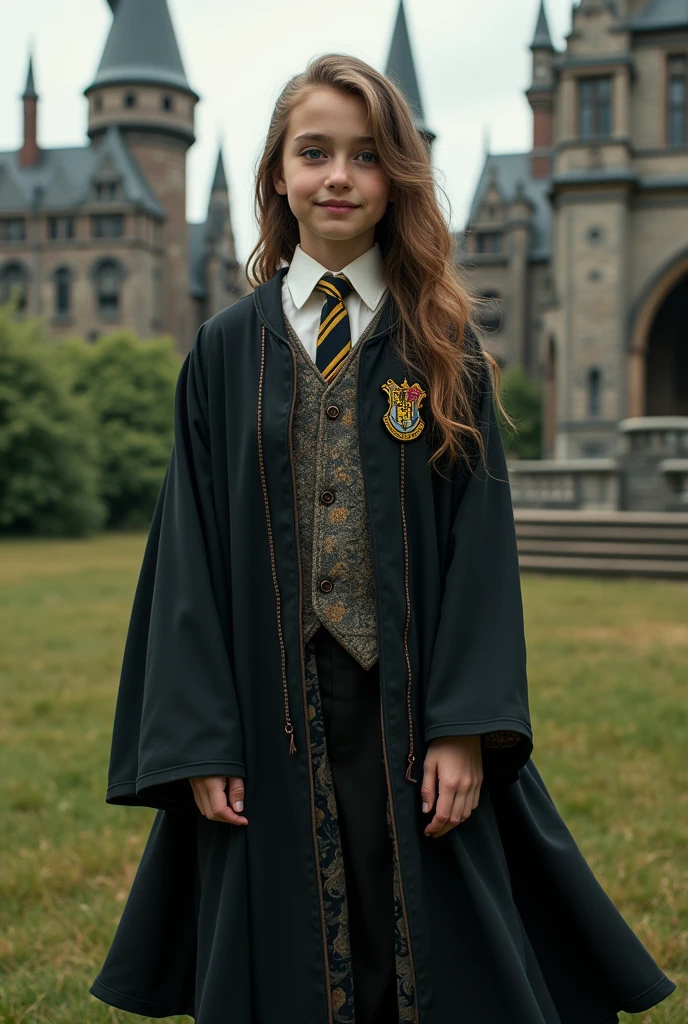 Create the outfit of a girl who goes to Hogwarts school, Give her - SeaArt AI