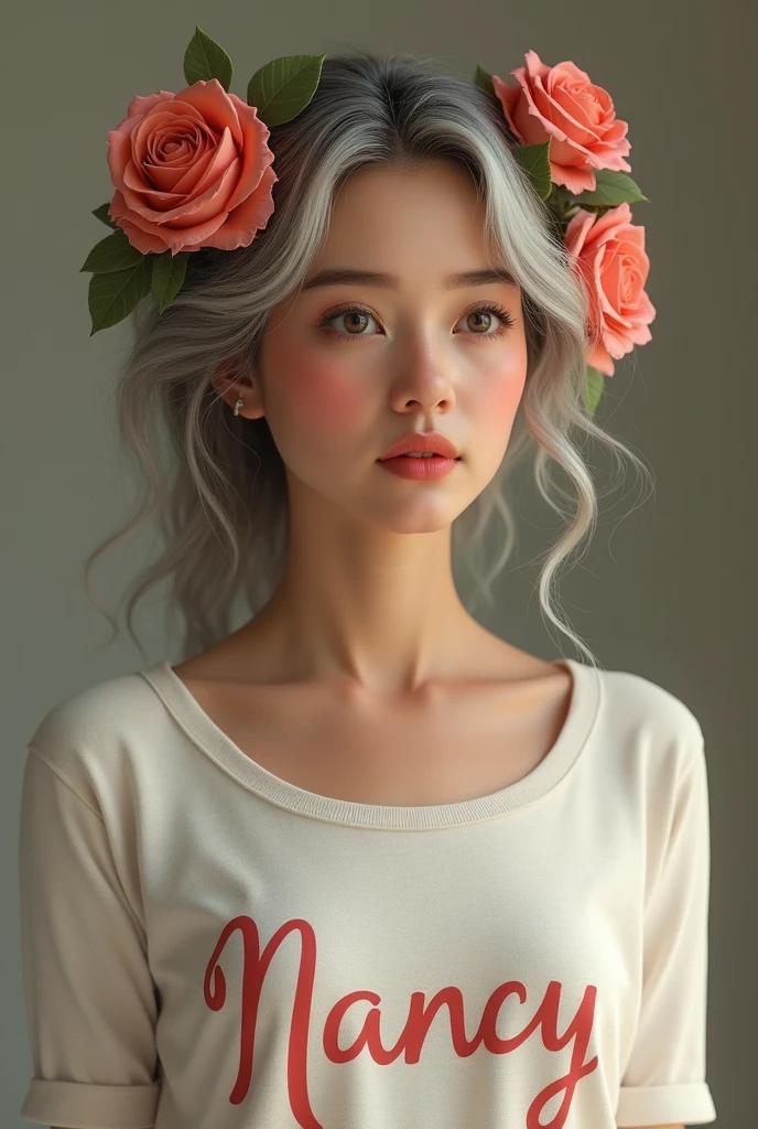 Woman wearing a shirt with Nancy's name written on it and roses in her hair - SeaArt AI