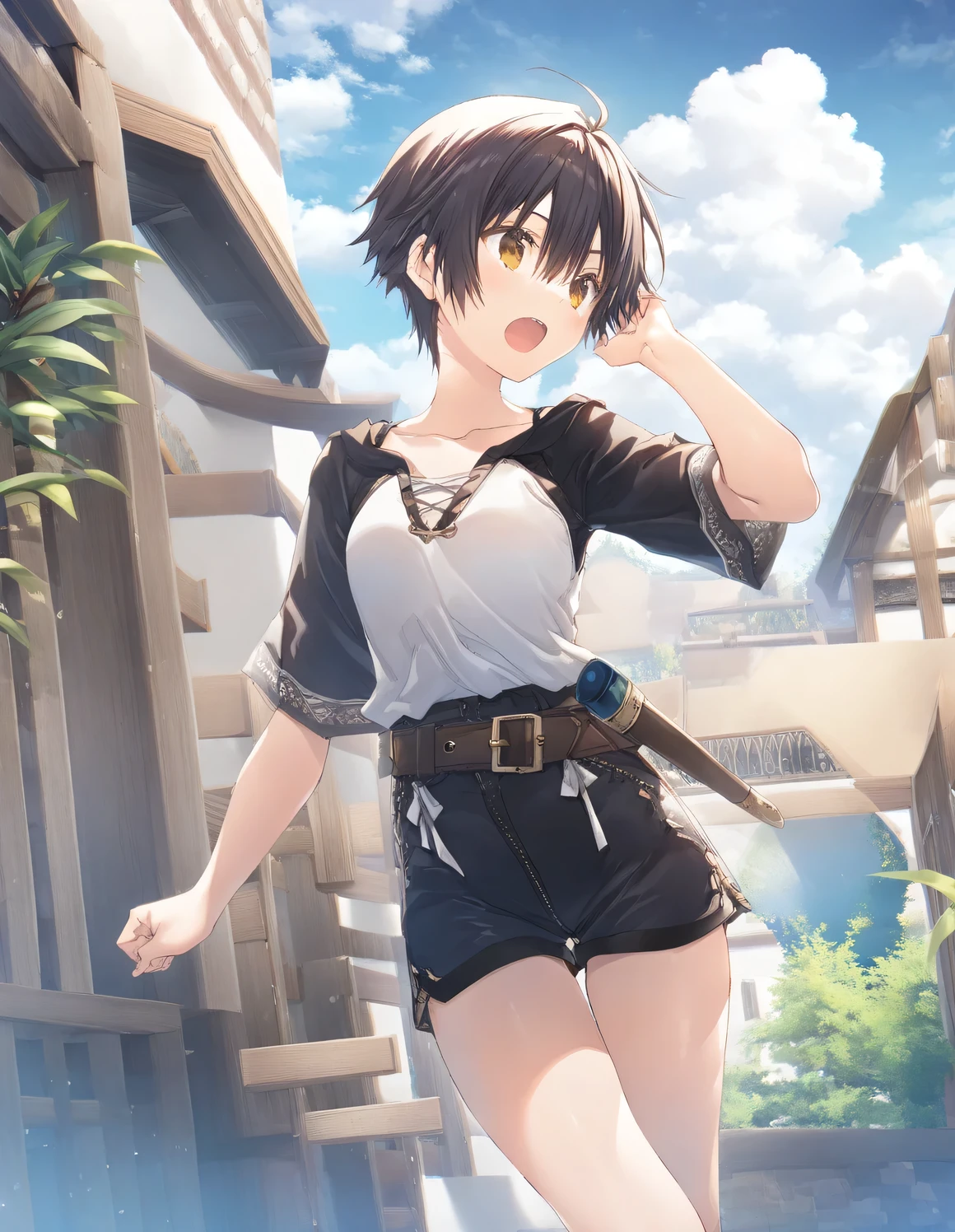 1girl, tomboy, little female, small breasts, open mouth, outdoors ...