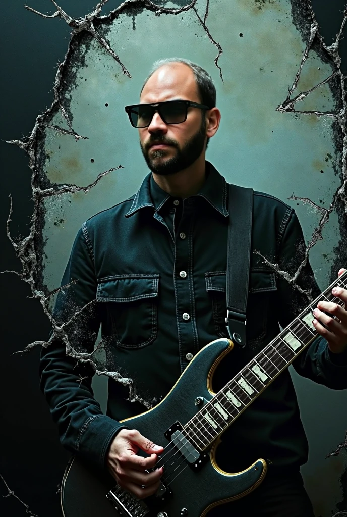 A band poster showing a bald man's reflection in a shattered mirror ...