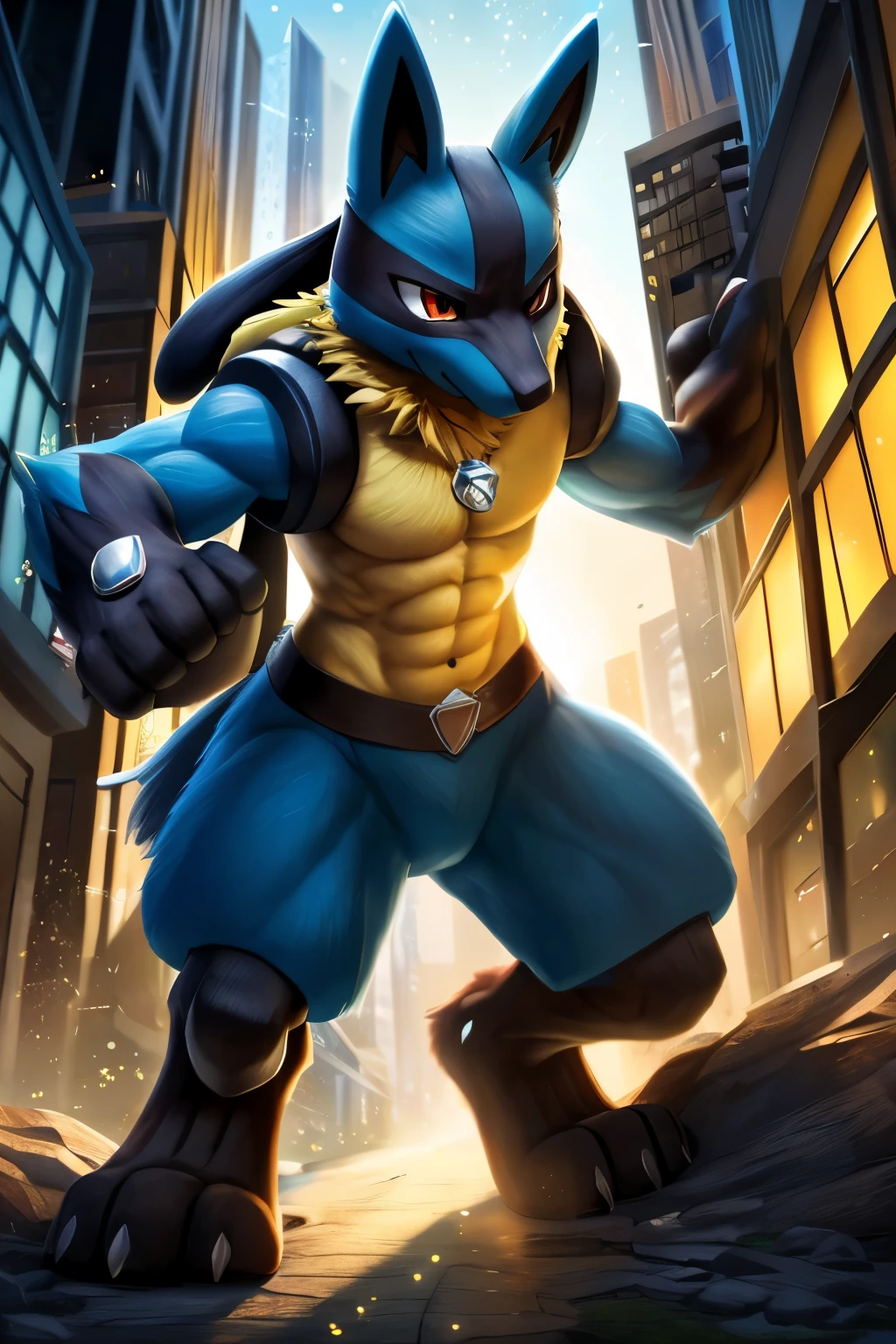 Solo, kemono, (Lucario), red and yellow fur, anthro, male, tail - SeaArt AI