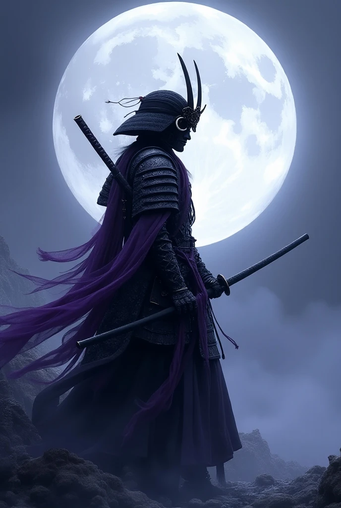 Samurai with light armor and mask . Colors purple and black and moon ...
