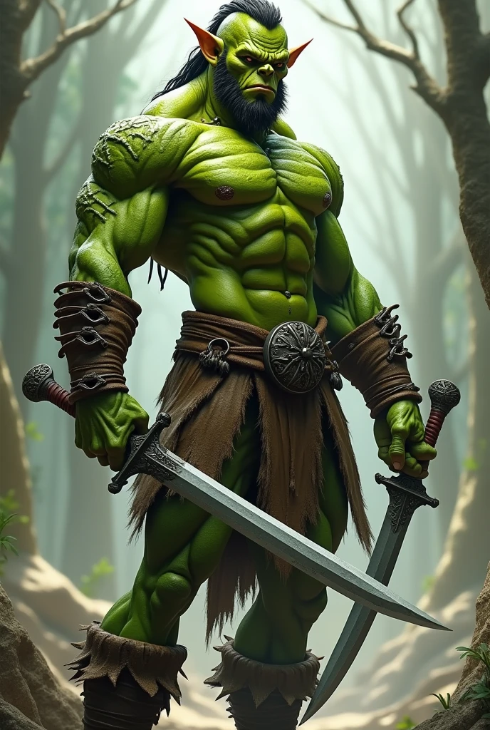 Male, orc, handsome face, warrior, slim, naked, green flesh, dual ...