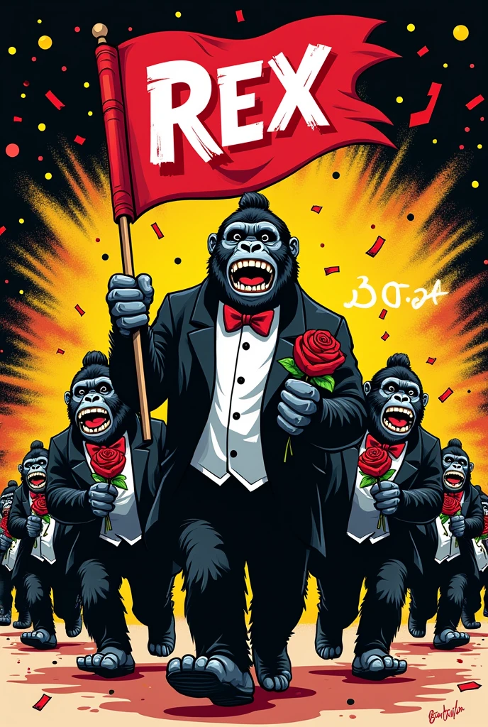 A logo illustration depicting fireworks with a red flag with REX ...