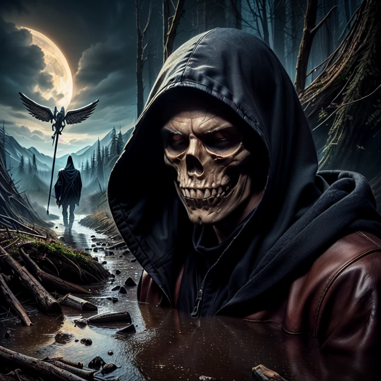 close-up of a hooded man , walking through the mud , the grim reaper ...