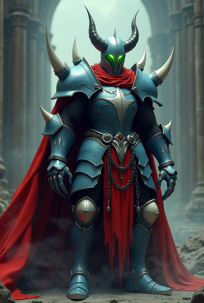 Blue demonic knight in medieval armor, red and white with a big red ...