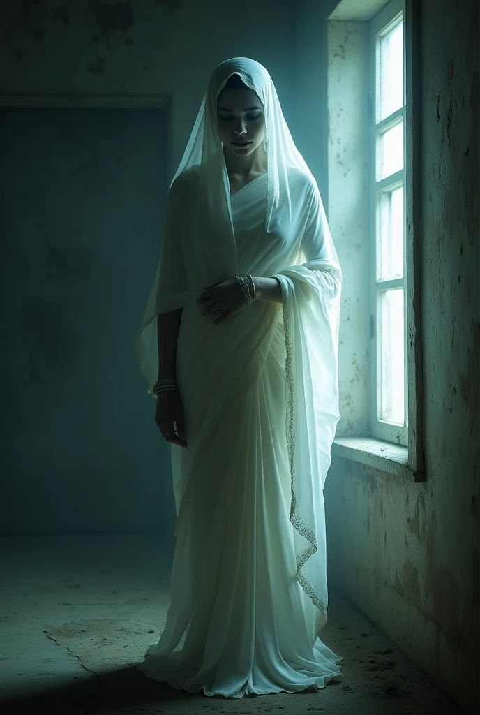 Image Prompt: A female ghost in a white saree, her face pale but with a ...