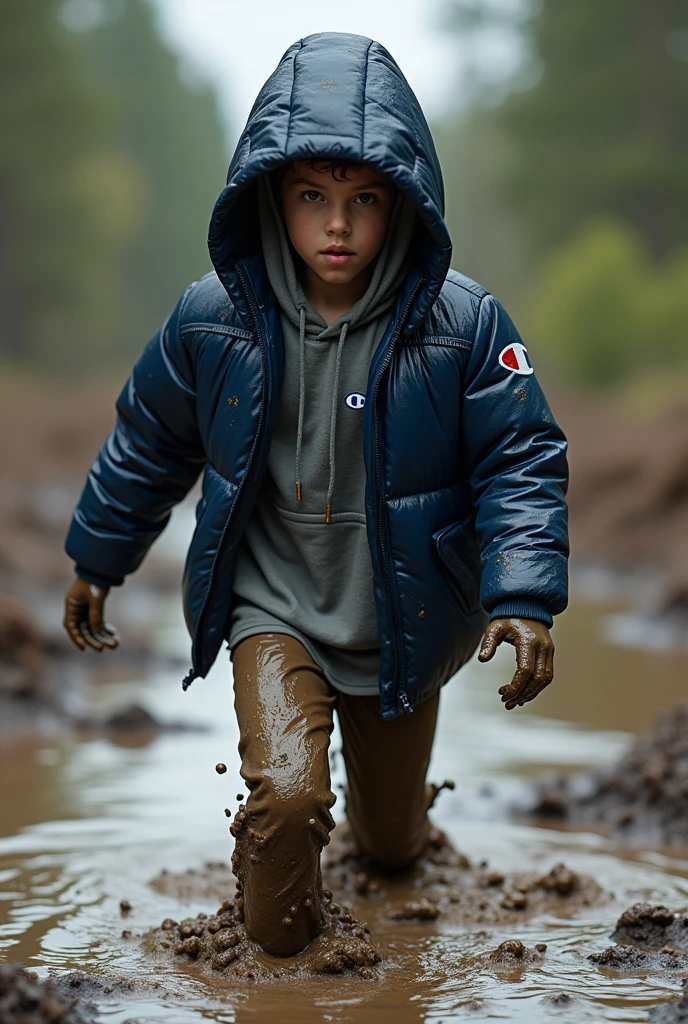 A teenager with that hoodie in a shiny dark blue champion puffer jacket ...