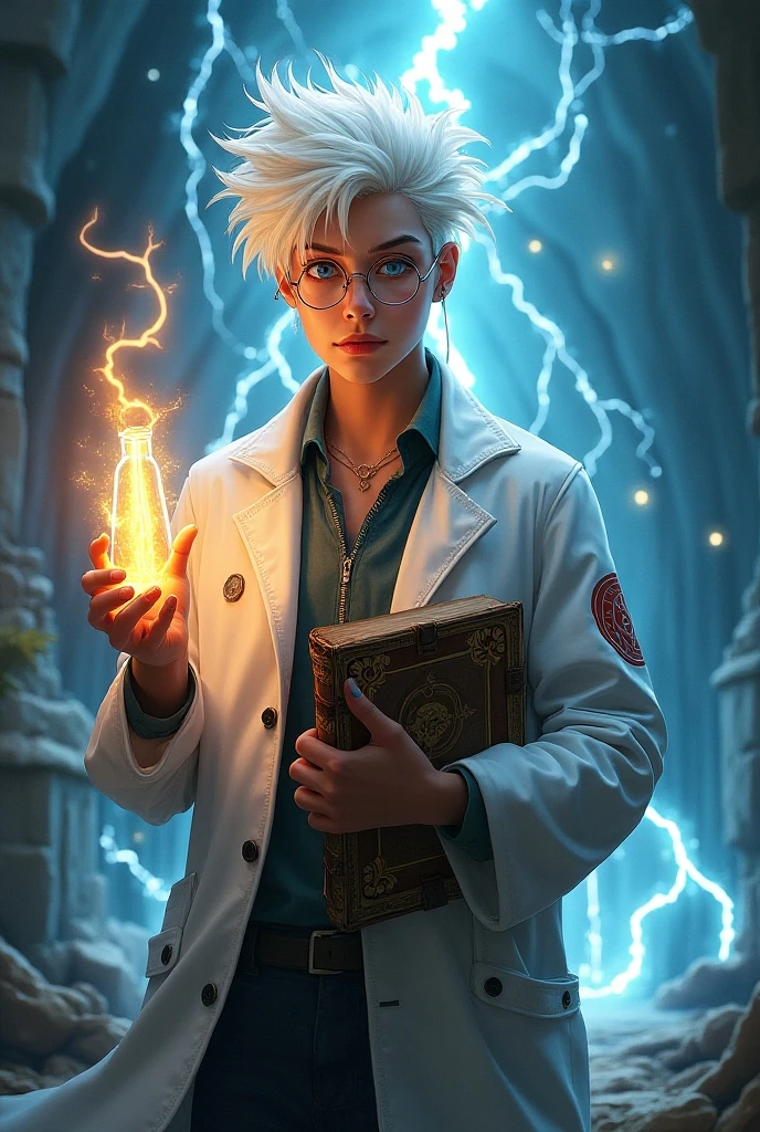"A young scientist with spiky white hair, cartoon wearing a white lab ...
