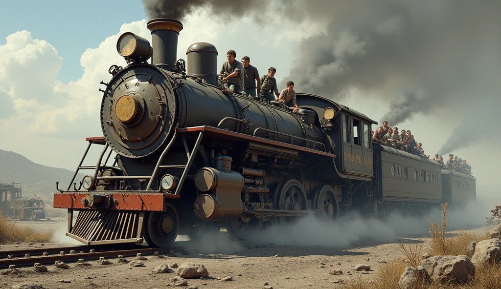 Apocalyptic scenario, a moving train , SteamPunk style train - SeaArt AI