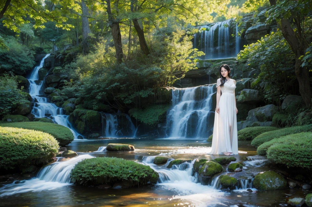 A beautiful Japanese woman with long black hair, wearing a delicate ...