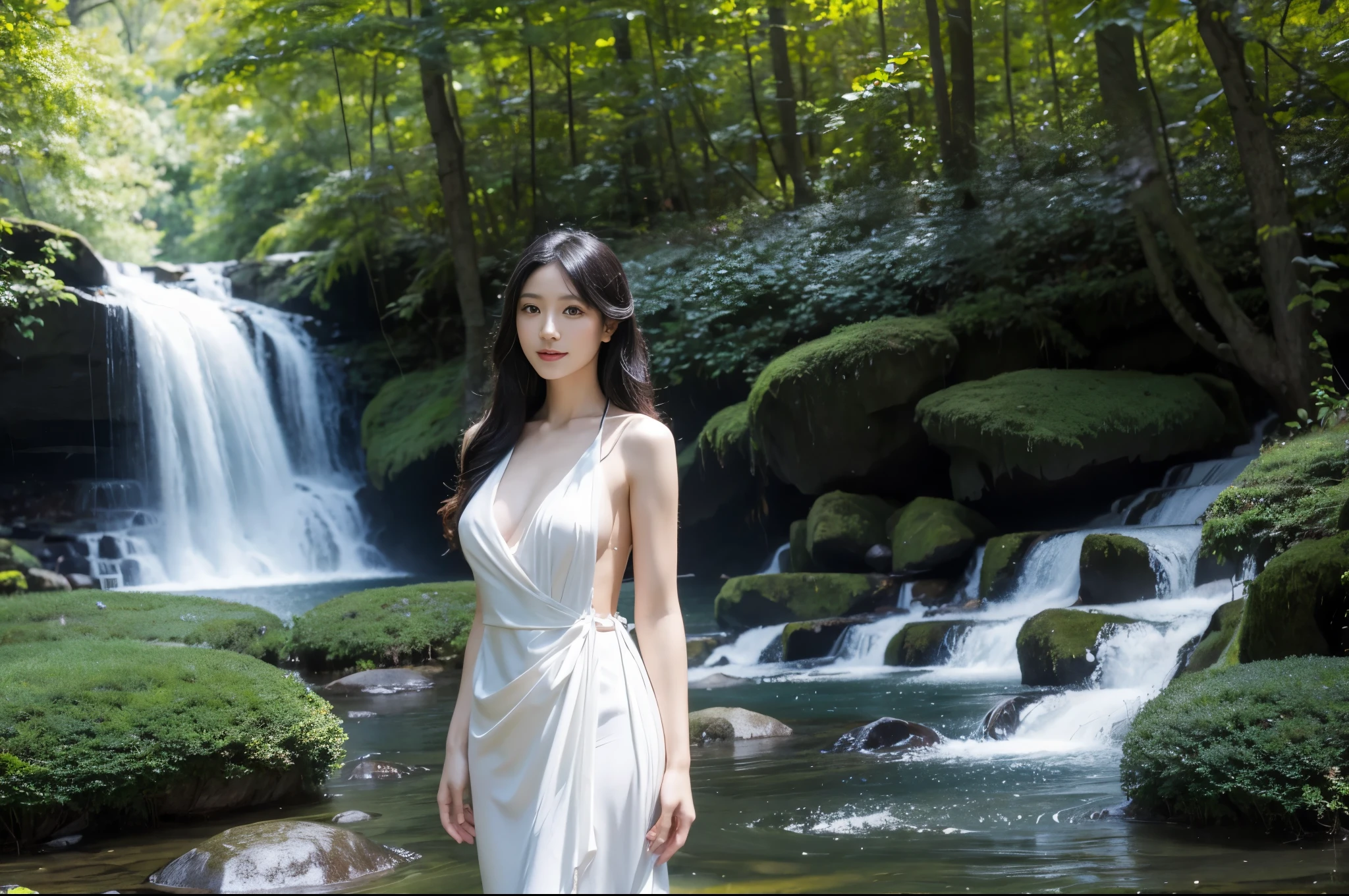 A beautiful Japanese woman with long black hair, wearing a delicate ...