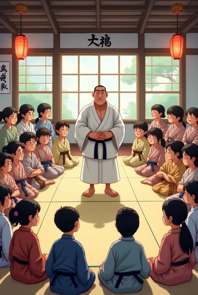 Cartoon of a judo teacher , with students on the mat all wearing kimono ...