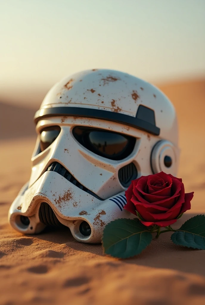 A broken stormtrooper helmet in a desert scene, a single dignified rose ...