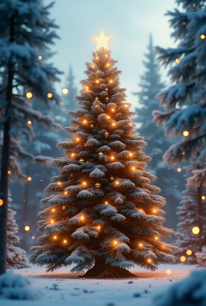 3D render, christmas tree in the snow, detailed snow, detailed pine ...