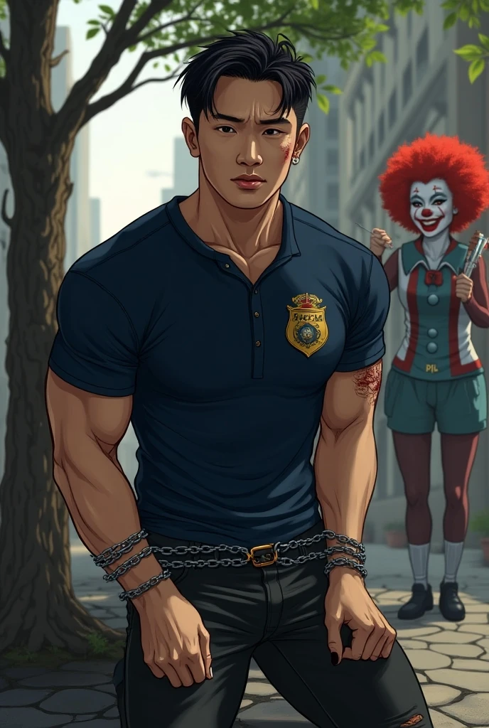 (Man in police uniform and under shirt:1.8), (เสื้อโปโลสีกรมท่ารัดรูป ...