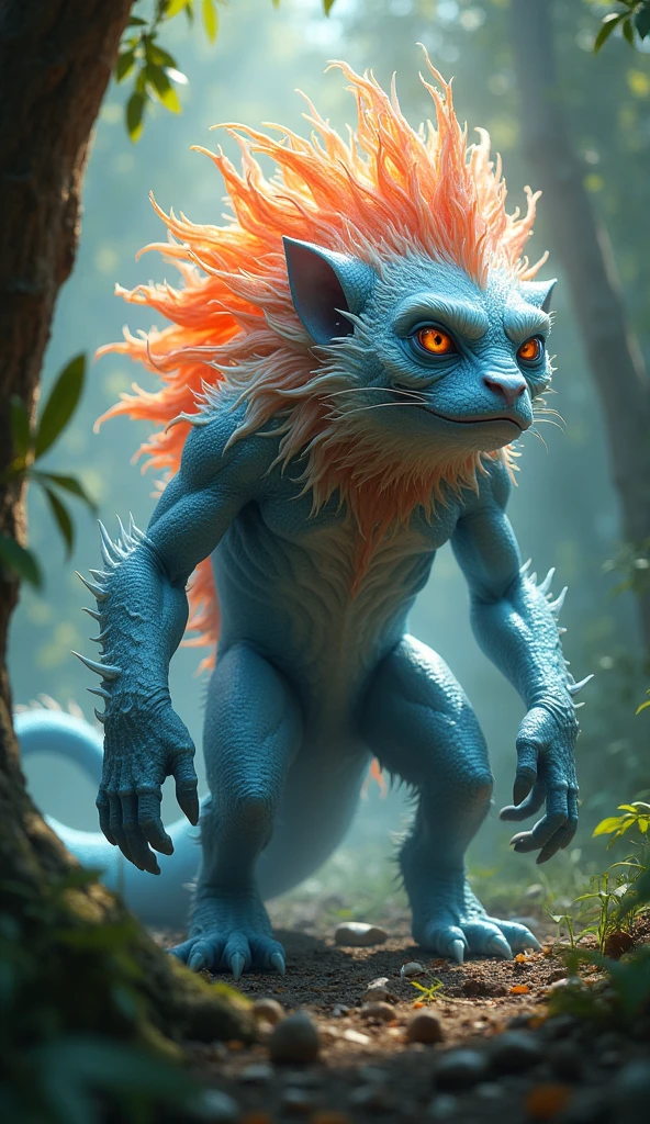 a realistic monstrous ice chameleon fused with a monkey and a fire lion ...