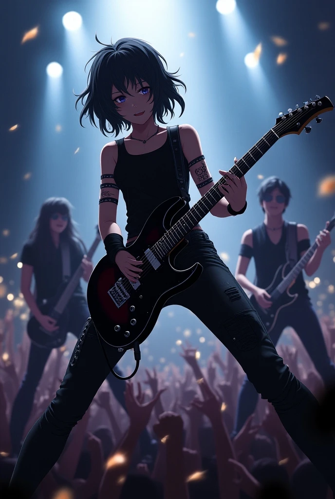 Black hair anime girl in metallica outfit playing electric guitar on ...