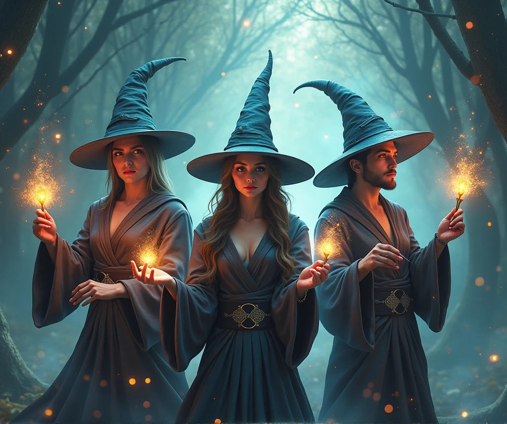 A group of male and female magicians , wearing their hats with a brush ...