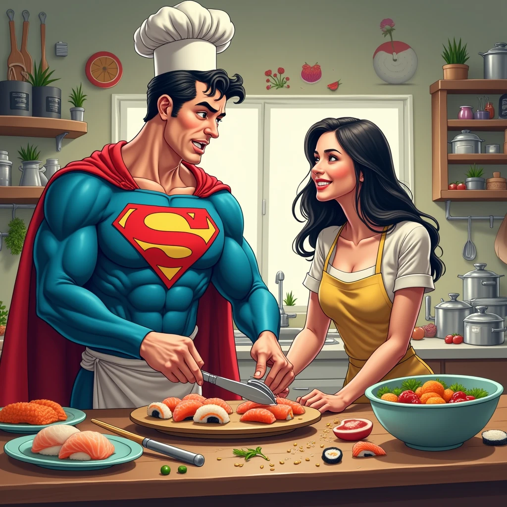 Superman and a beautiful woman make sushi, together in a messy kitchen - SeaArt AI