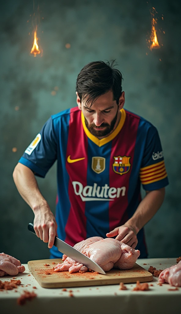 Lionel Messi chopping raw chicken on a table " Jehova Jireth MD sign ...